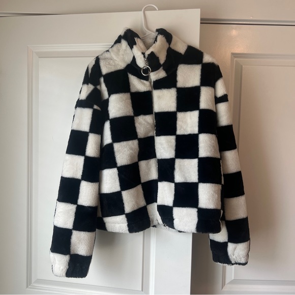Jackets & Coats | Soft Black And White Checkered Zip Up Jacketcoat ...